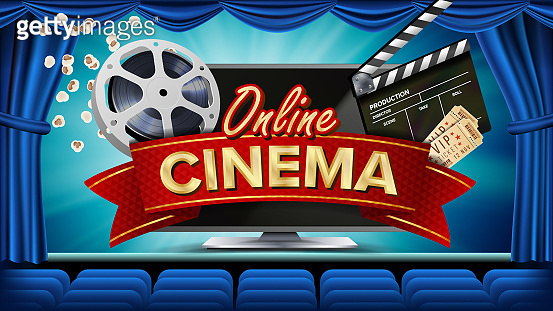 Online Cinema Banner Vector. Realistic Computer Monitor. Movie Brochure ...