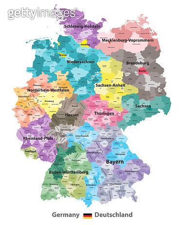 Germany high detailed map (colored by states and administrative ...