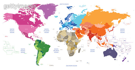 vector world political map colored by continents with country and ...