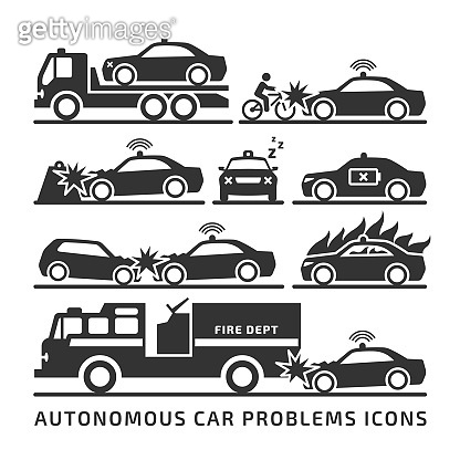 Autonomous car problem and accident vector icon set. Self driving ...