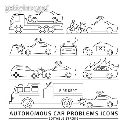 Editable stroke autonomous driverless car breakdown and accident vector ...