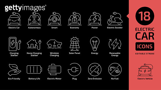 Electric car line icon set. Electricity vehicle and charging station ...