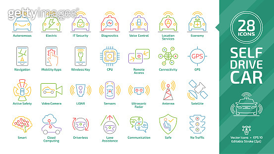 Self drive intelligent car color editable stroke thin outline icon set ...