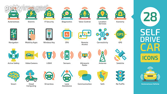 Self drive vehicle color vector icon set. Driverless autonomous smart ...