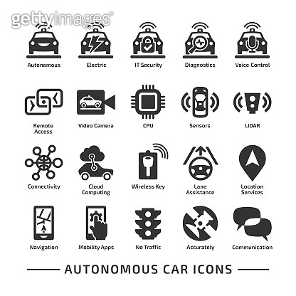 Driverless autonomous car vector icon set. Self driving sensor smart ...