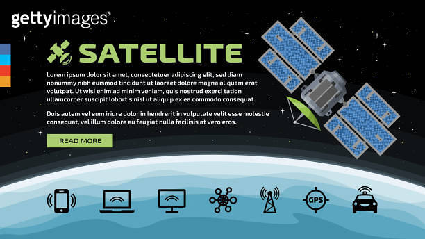 Vector template of flat communication satellite in space with telecom ...