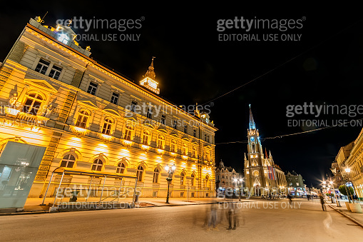 Night view of the Liberty Square (Trg. Slobode) with Mary Church ...