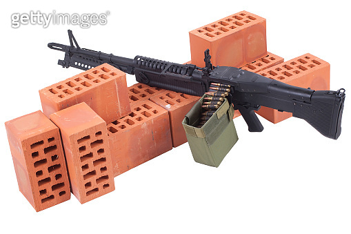 US Army M60 machine gun with ammunition tape on position (913172548 ...
