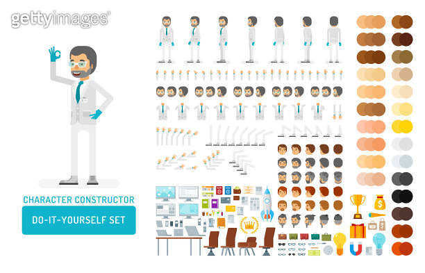 Vector scientist man in lab coat and gloves do-it-yourself creation kit ...