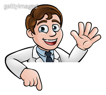 Cartoon Scientist Character Pointing at Sign (1084978388) - 게티이미지뱅크
