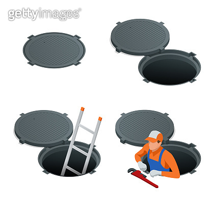 Sewer hatch Open and closed. Manhole cover, road hatch Vector ...