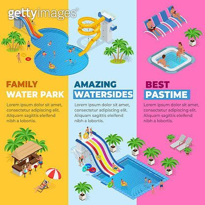 Aquapark vertical web banners with different water slides, family water ...