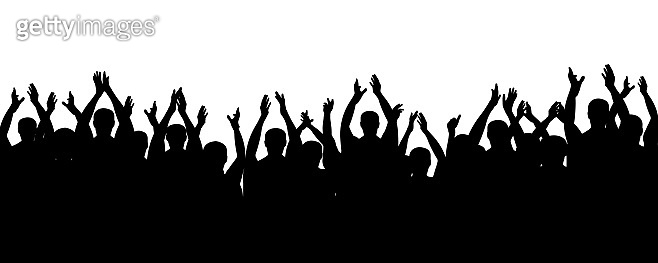 Crowd people cheering, cheer hands up. Applause audience. Spectators theater. Cheerful mob fans ...