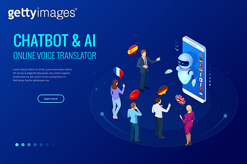 Isometric online voice translator and learning languages concept. E ...