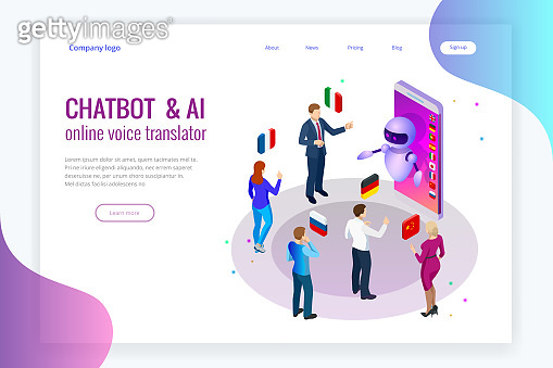 Isometric online voice translator and learning languages concept. E ...