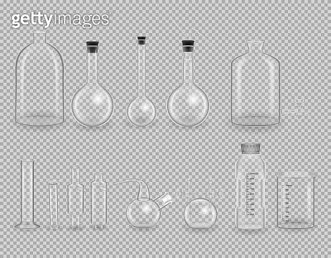 Set of scientific glassware, test tubes. Realistic templates, layouts ...