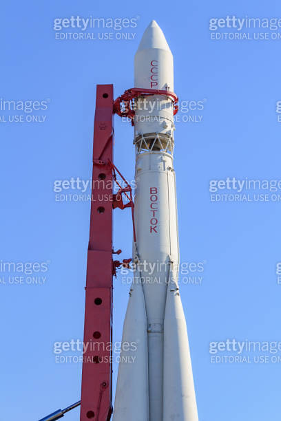Vostok booster rocket against blue sky on Exhibition of Achievements of ...
