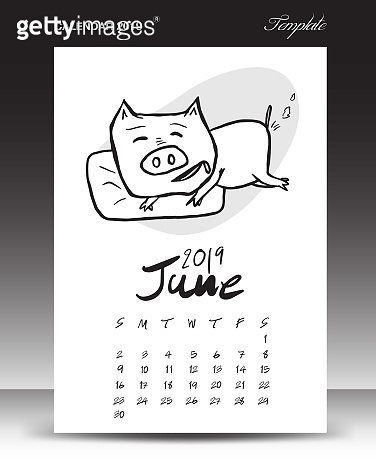 Pig calendar for 2019, Lettering calendar, June 2019 template, hand ...