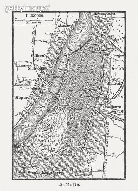 Old city map of Kolkata (Calcutta), wood engraving, published in 1897 ...