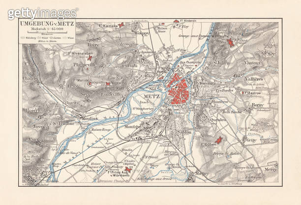 Historical map of Metz and surrounding, France, lithograph, published ...
