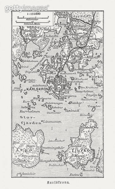 Historic map of Karlskrona and surroundings, wood engraving, published ...