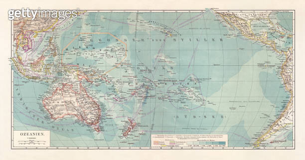 Historical topographic map of Oceania, lithograph, published in 1897 ...