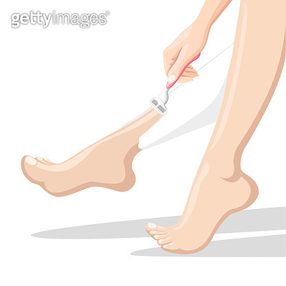 Close-up of beautiful woman shave legs with pink razor Beautiful female ...