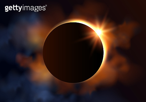 Beautiful vector eclipse illustration with yellow light rays and clouds ...