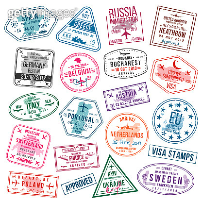 Set of visa stamps for passports. International and immigration office ...