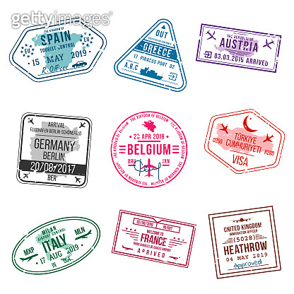 Set of visa stamps for passports. International and immigration office ...