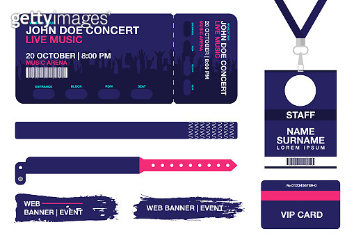 Concert ticket, bracelets, lanyards, identification card for access ...