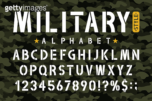 Military stencil font on camouflage background. Stencil alphabet with ...