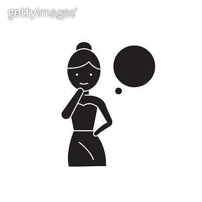 Woman thinking black vector concept icon. Woman thinking flat ...
