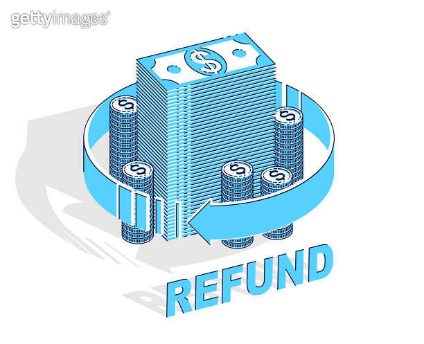 Money Refund concept, cash money stack with radial loop arrows around ...