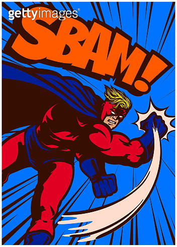 Pop art vintage comic book style superhero in action punching vector ...