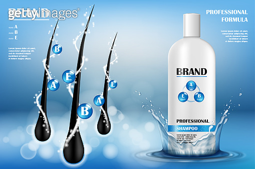 Cosmetic ads template. White plastic tube with hair shampoo and water ...