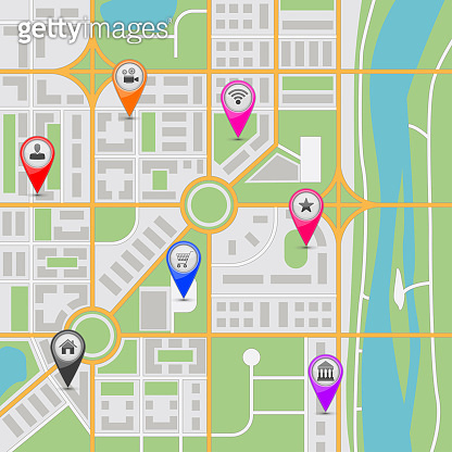 City map with popular location markers 이미지 (1061452890) - 게티이미지뱅크