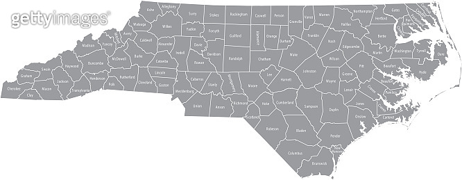 North Carolina county map vector outline gray background. Map of North ...