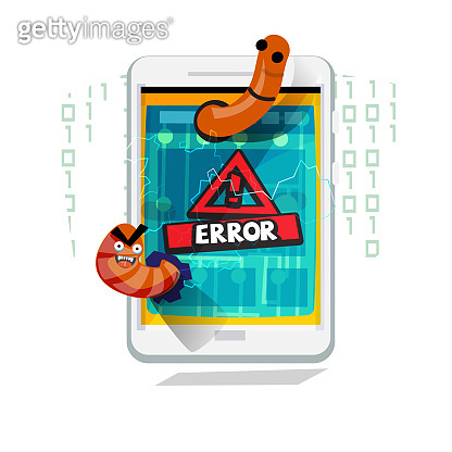 worm attack tablet and showing error on screen. computer worm. bug ...