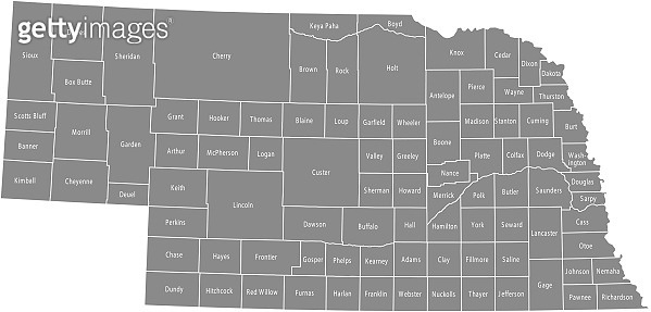 Nebraska county map vector outline gray background. Map of Nebraska ...