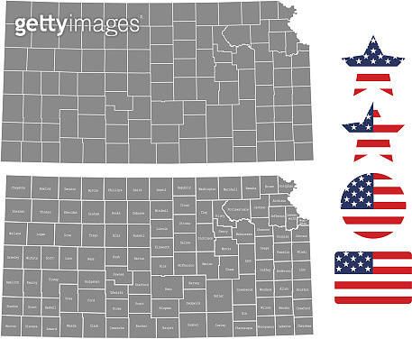 Kansas county map vector outline in gray background. Kansas state of ...