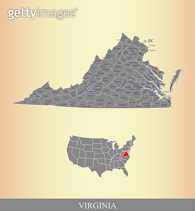 Virginia county map outline vector illustration highlighted on USA map ...