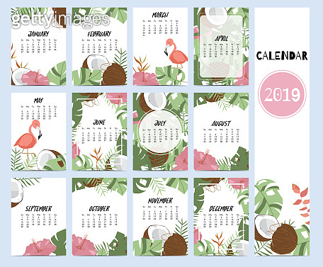 Doodle calendar set 2019 with banana leaf,hibiscus,palm,tree,coconut ...