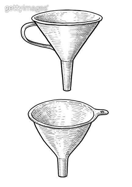 Kitchen plastic and metal funnel illustration, drawing, engraving, ink ...
