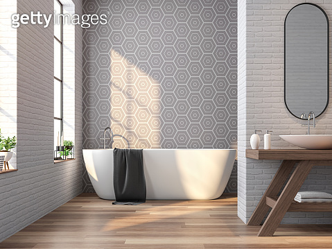 Vintage bathroom white brick and gray tile wall 3d rendering image 이미지 (1082911364) - 게티이미지뱅크