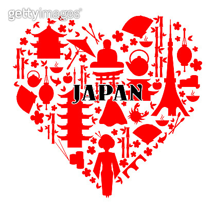 Japanese red symbols set in heart shape, Japan traditional food, travel ...
