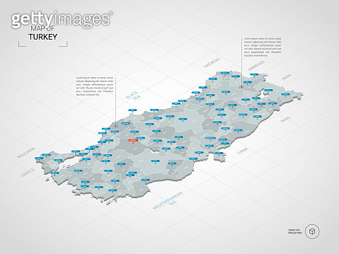 Isometric Turkey map with city names and administrative divisions ...