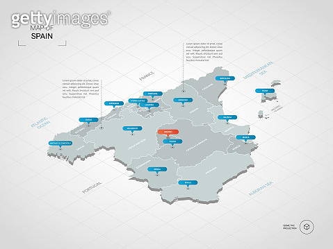Isometric Spain map with city names and administrative divisions ...