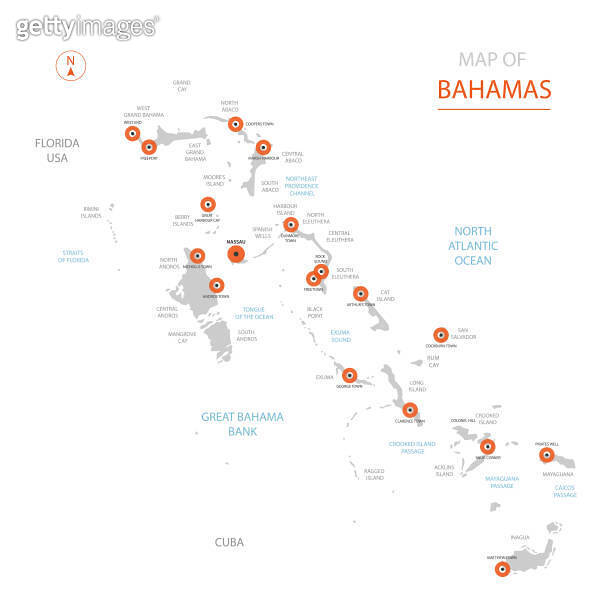 Stylized vector Bahamas map showing big cities, capital Nassau ...