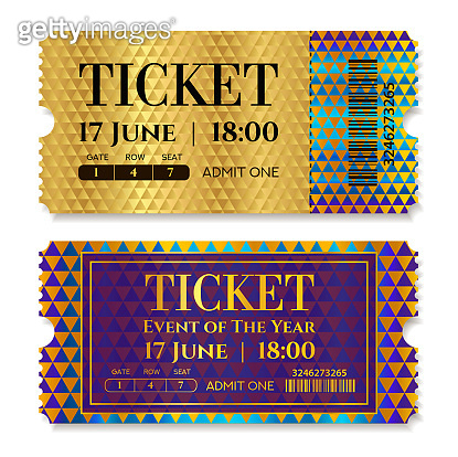 Admission golden ticket template. Vector mockup movie ticket (tear-off ...